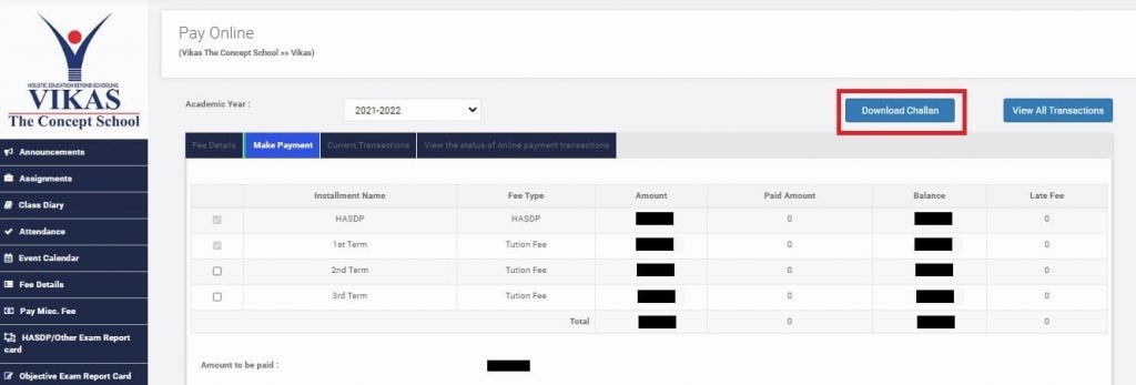 Online Fee Process | Vikas The Concept School